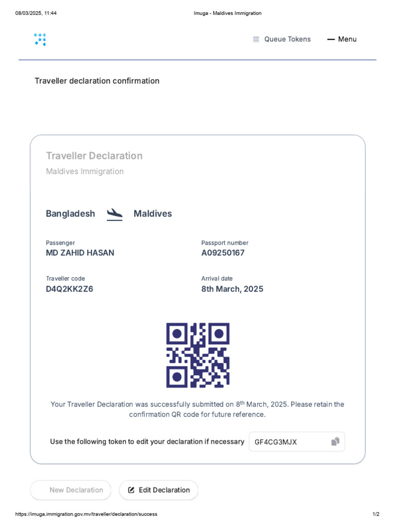 Imuga Maldives Traveller Declaration Confirmation | PDF