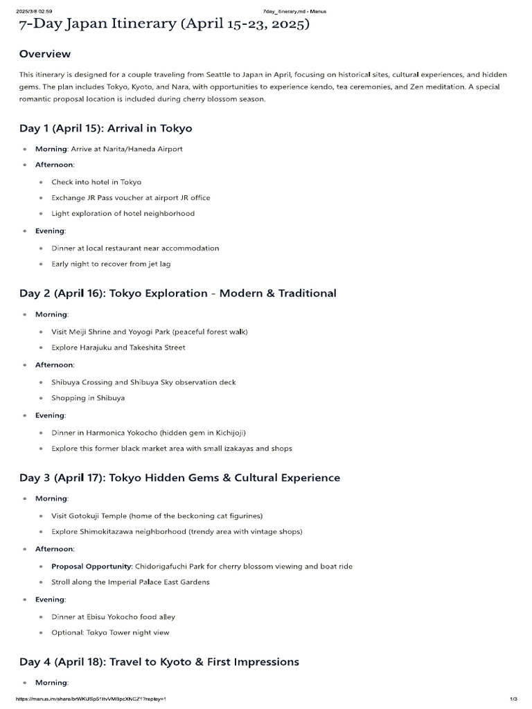 7-Day Japan Itinerary With Proposal Ideas - Manus | PDF