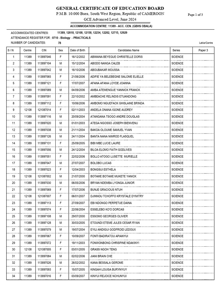 GCE A-Level Biology Attendance 2024 | PDF | Student Assessment And ...
