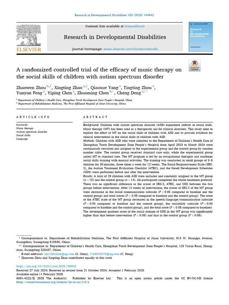 A Randomized Controlled Trial of the Efficacy of Music Therapy on the ...