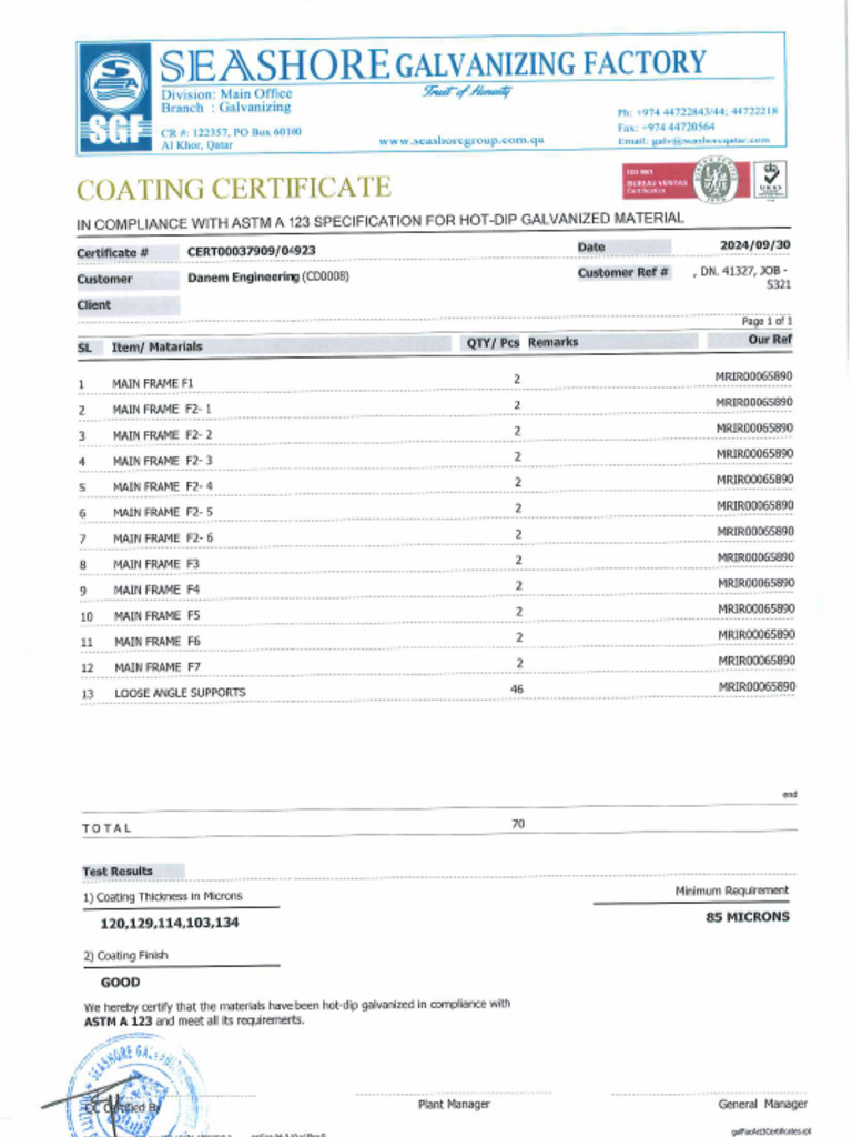 Galvanizing Certificate For Frames | PDF