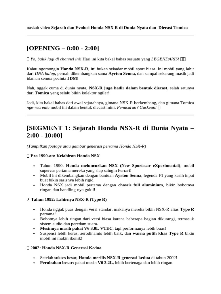Naskah Video Sejarah Dan Evolusi Honda NSX R Di Dunia Nyata Dan Diecast Tomica | PDF