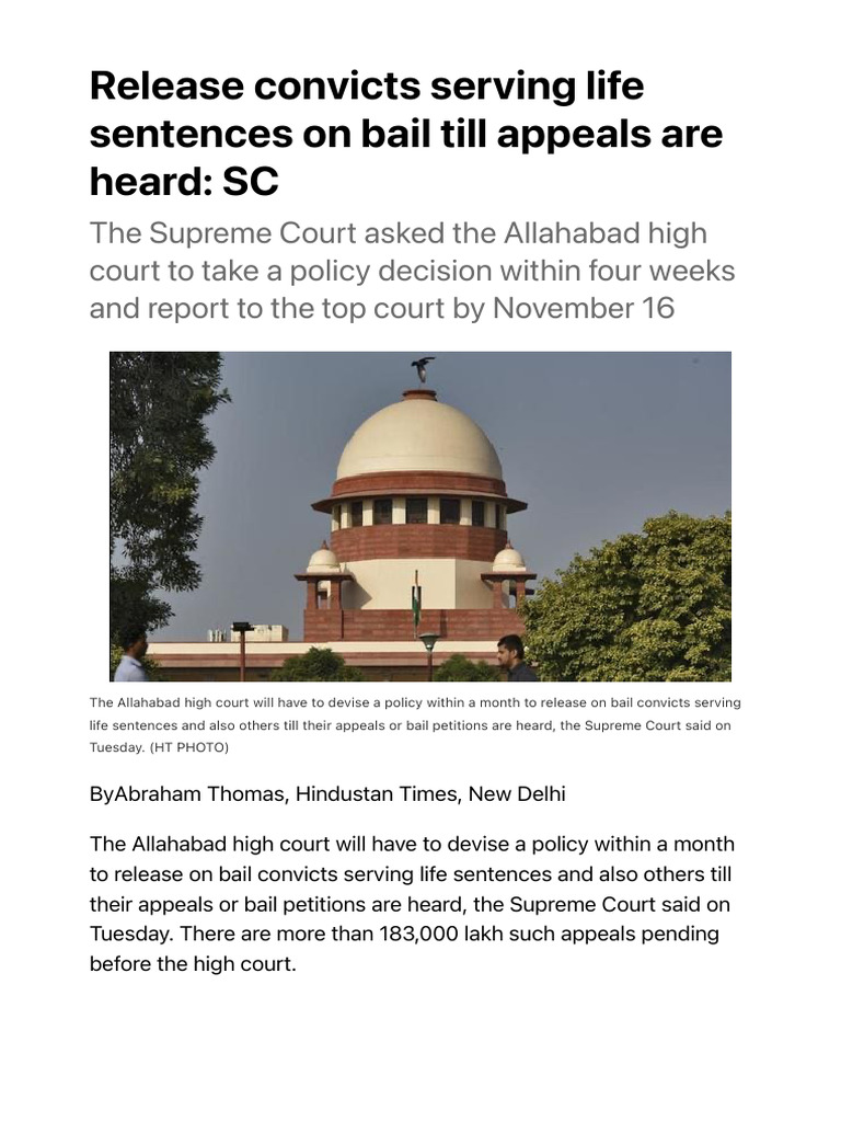 Release Convicts Serving Life Sentences On Bail Till Appeals Are Heard ...