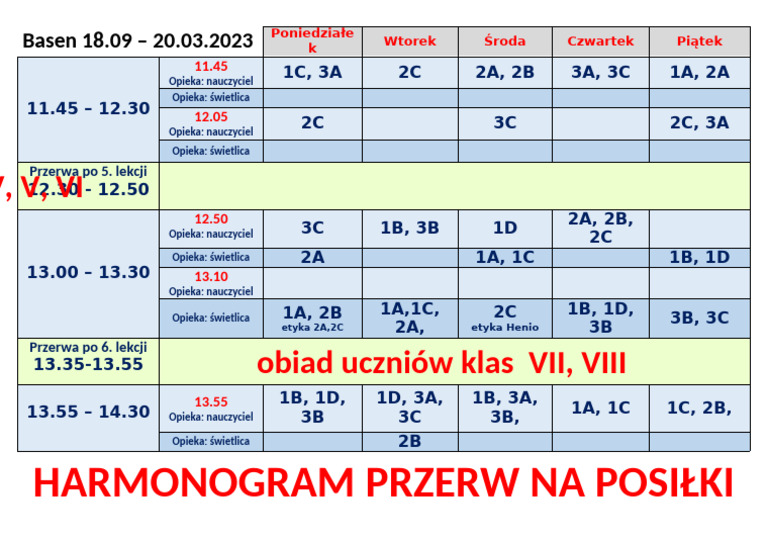 Obiady Harmonogram Przerw 2023 2024 Basen | PDF