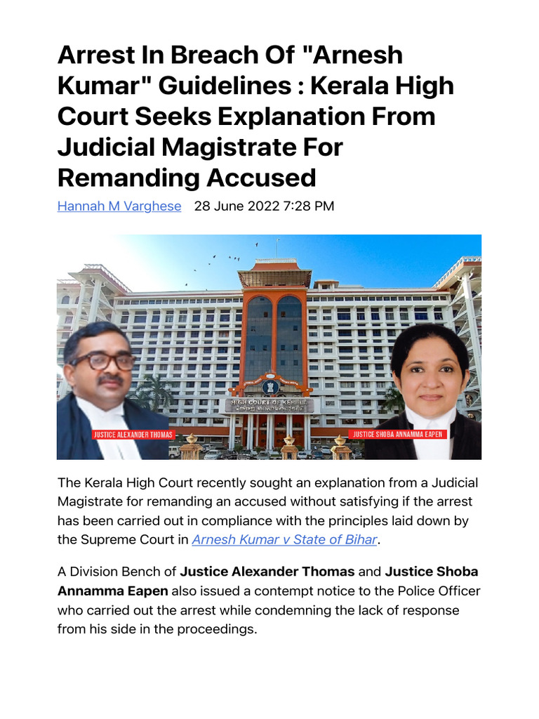 Arrest in Breach of "Arnesh Kumar" Guidelines: Kerala High Court Seeks Explanation From Judicial ...