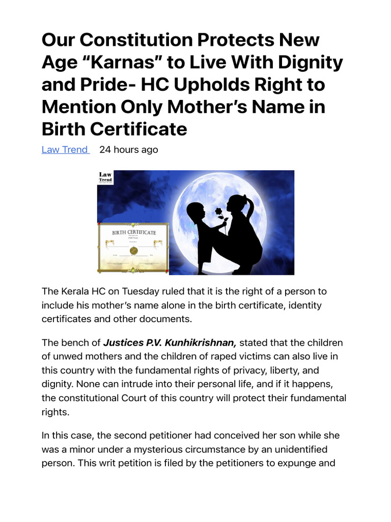 Kerala HC Upholds Mother's Name Only on Birth Certificate | PDF ...