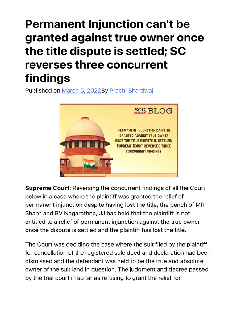 Permanent Injunction Can't Be Granted Against True Owner Once The Title Dispute Is Settled SC ...