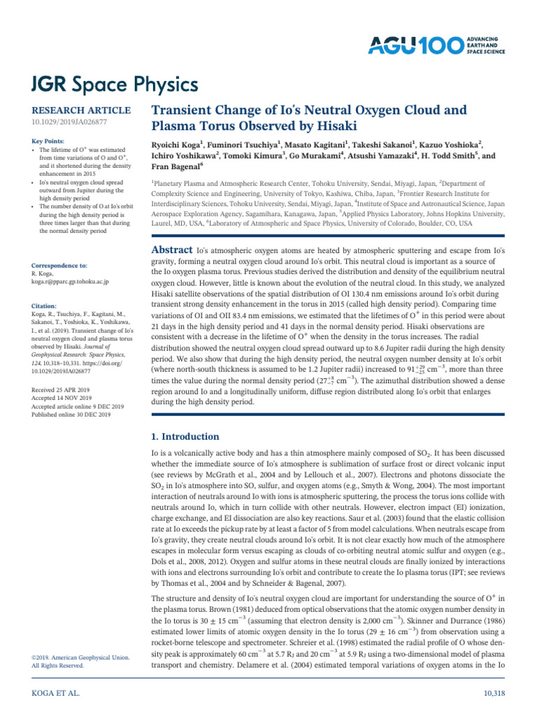 Transient Change of Ios Neutral Oxygen Cloud and | PDF | Jupiter | Electron