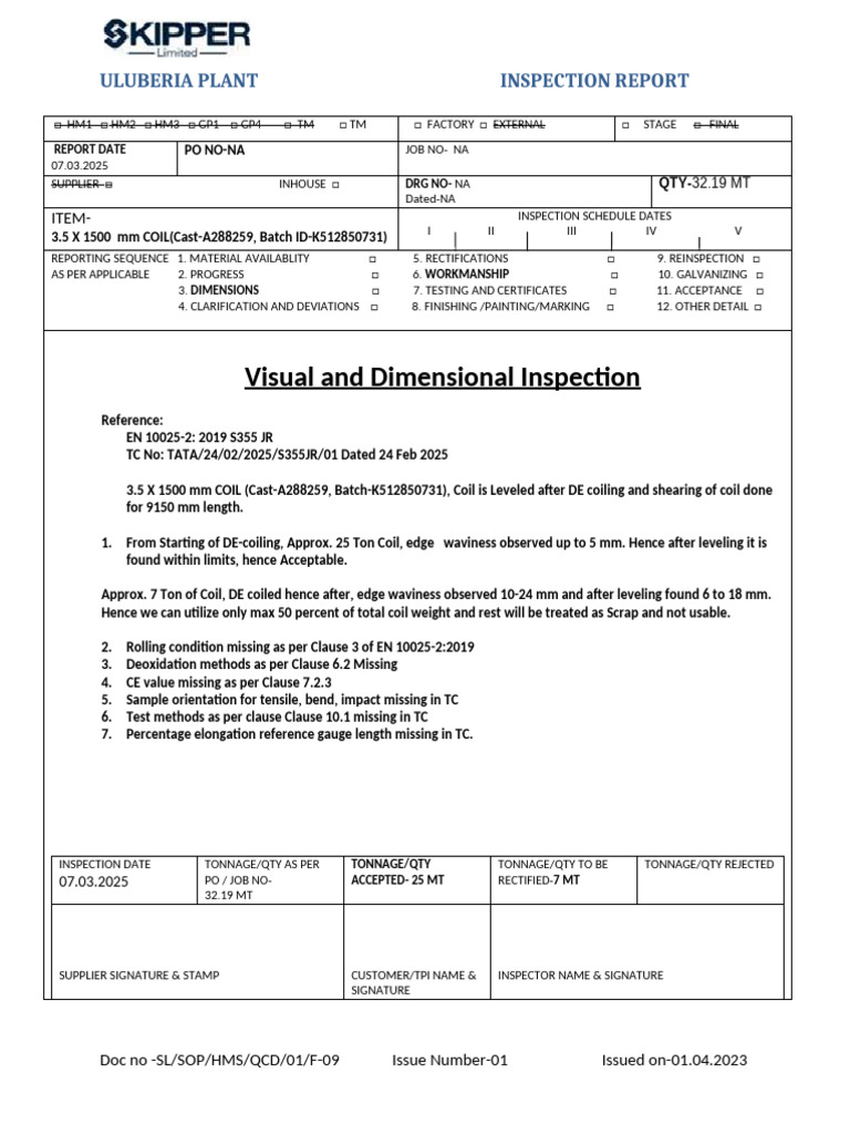 TSL COIL INSPECTION REPORT (1) (1) (1) | PDF | Materials Science ...