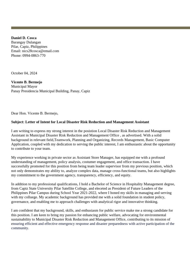 Intent Letter | PDF | Disaster Risk Reduction | Business