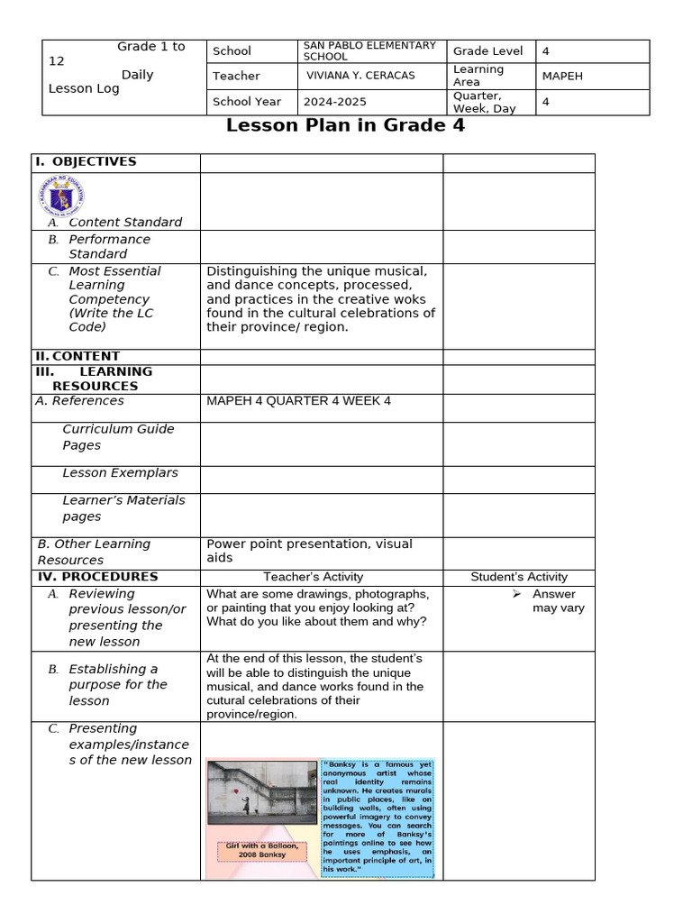 Grade 4 MAPEH Lesson Plan Week 4 | PDF | Learning | Lesson Plan