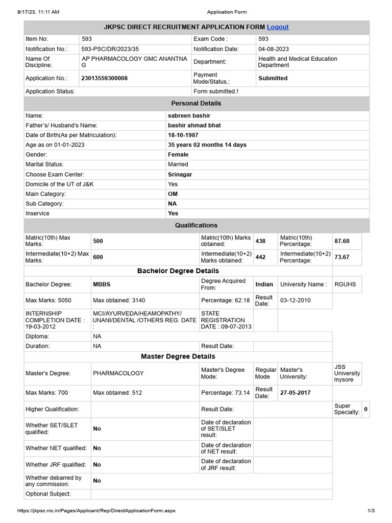 Application Form GMC Anantnag 2023 | PDF | Qualifications | Vocational ...