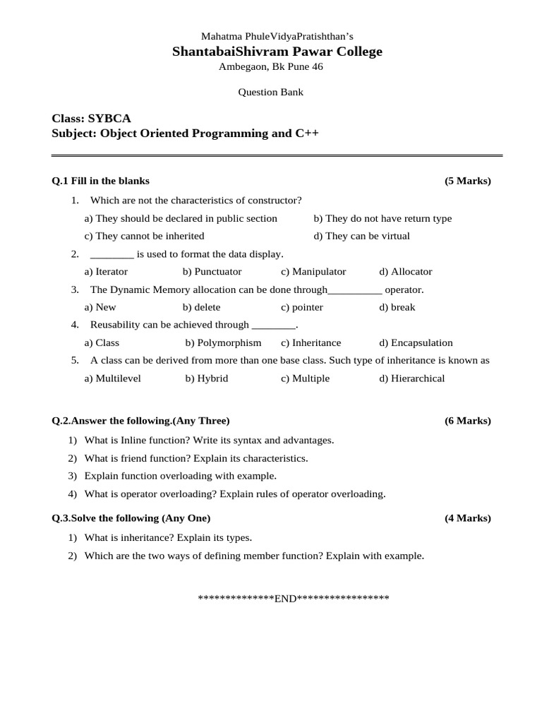 SYBCA OOP & C++ Question Bank 2025 | PDF
