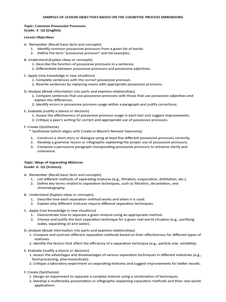Lesson Objectives for Pronouns and Mixtures | PDF | Pronoun | Concept