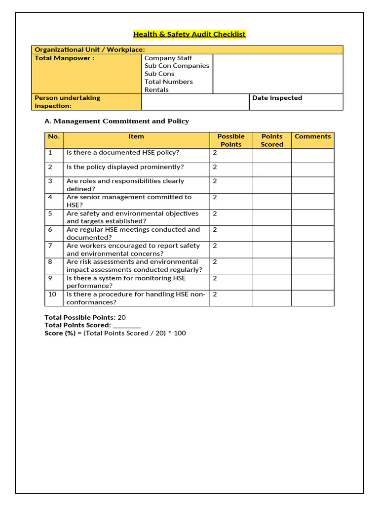Health Safety Audit Checklist | PDF | Personal Protective Equipment ...