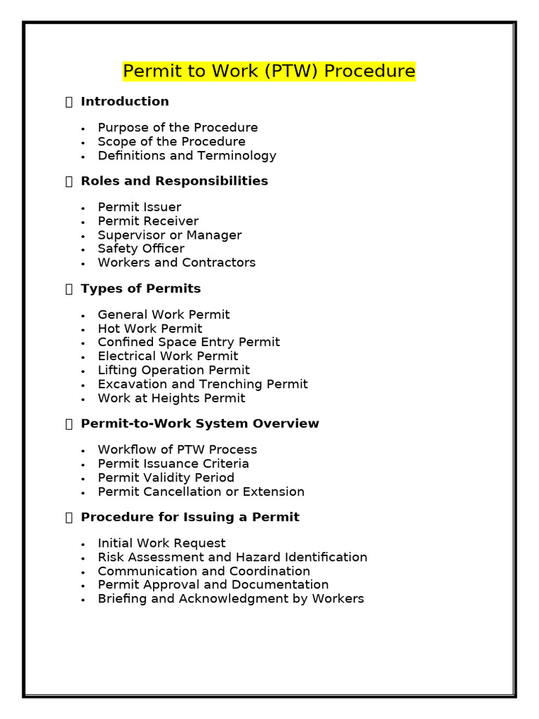 Permit To Work PTW Procedure | PDF | Occupational Safety And Health ...