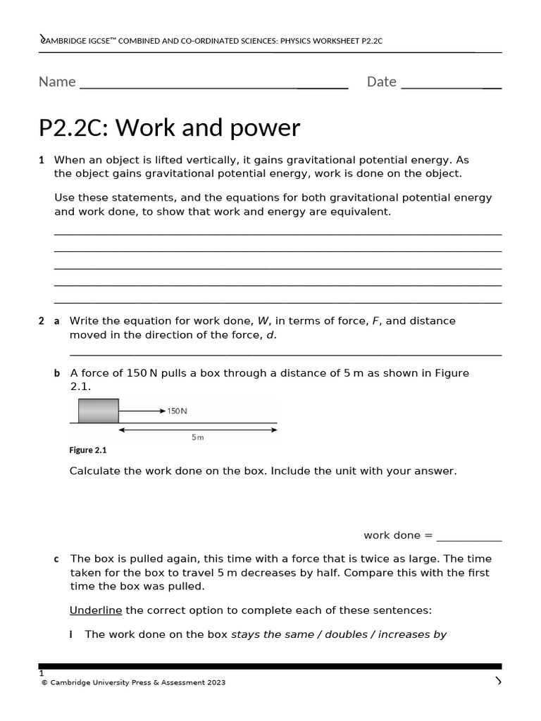 Igcse Ccsphys 2ed TR Ws 2 2c | PDF | Force | Potential Energy