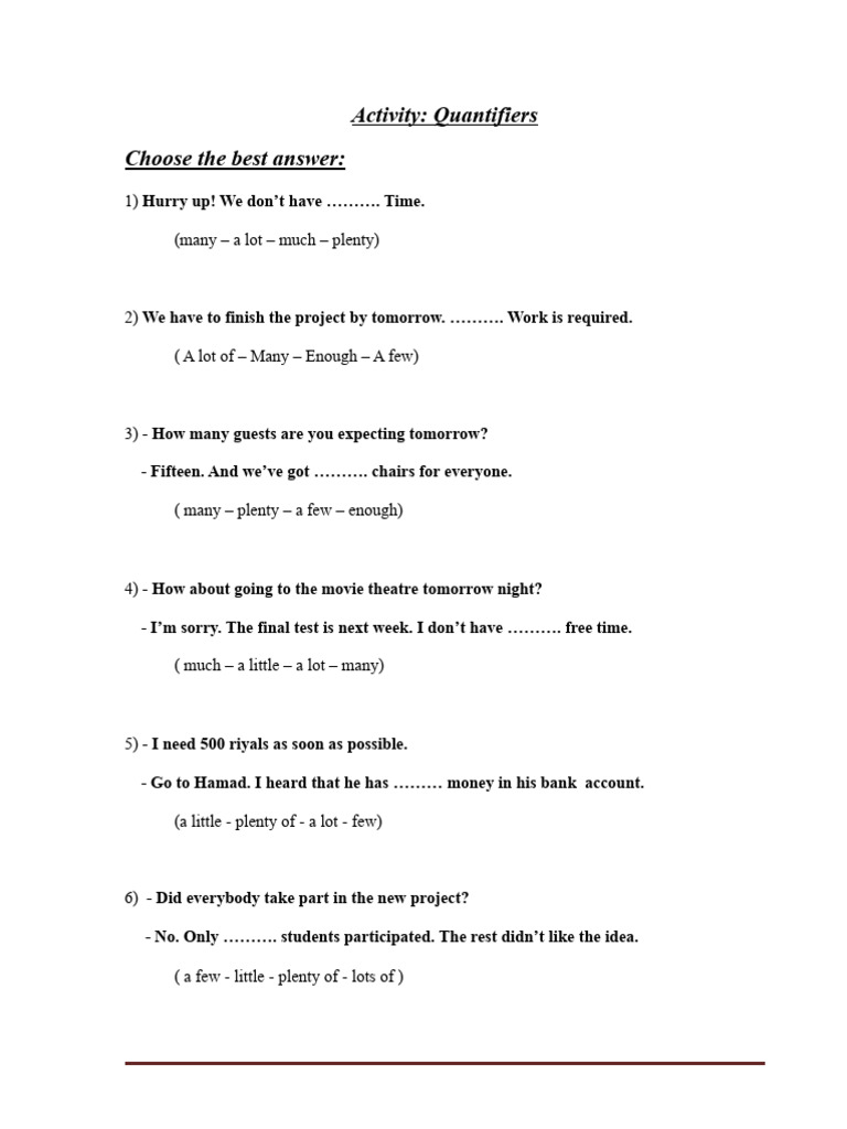 Activity: Quantifiers Choose The Best Answer:: 1) (Many - A Lot - Much ...