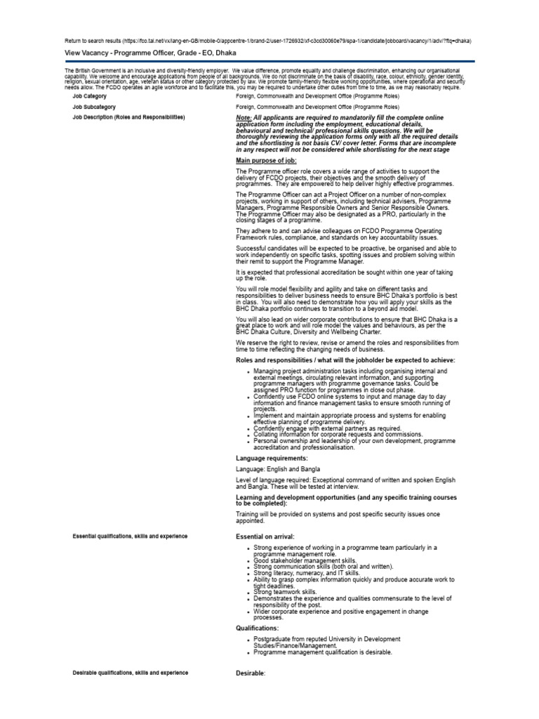 Programme Officer, Grade - EO, Dhaka - FCDO Local Posts | PDF ...