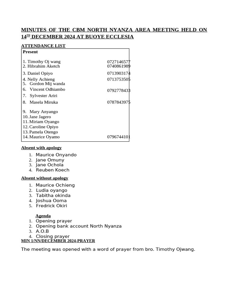 MINUTES OF THE CBM NORTH NYANZA AREA MEETING HELD ON 14th DECEMBER 2024 ...