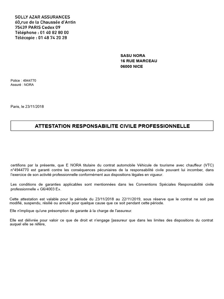 Attestation RC Pro VTC - Nora Azar | PDF | Assurance | Transport