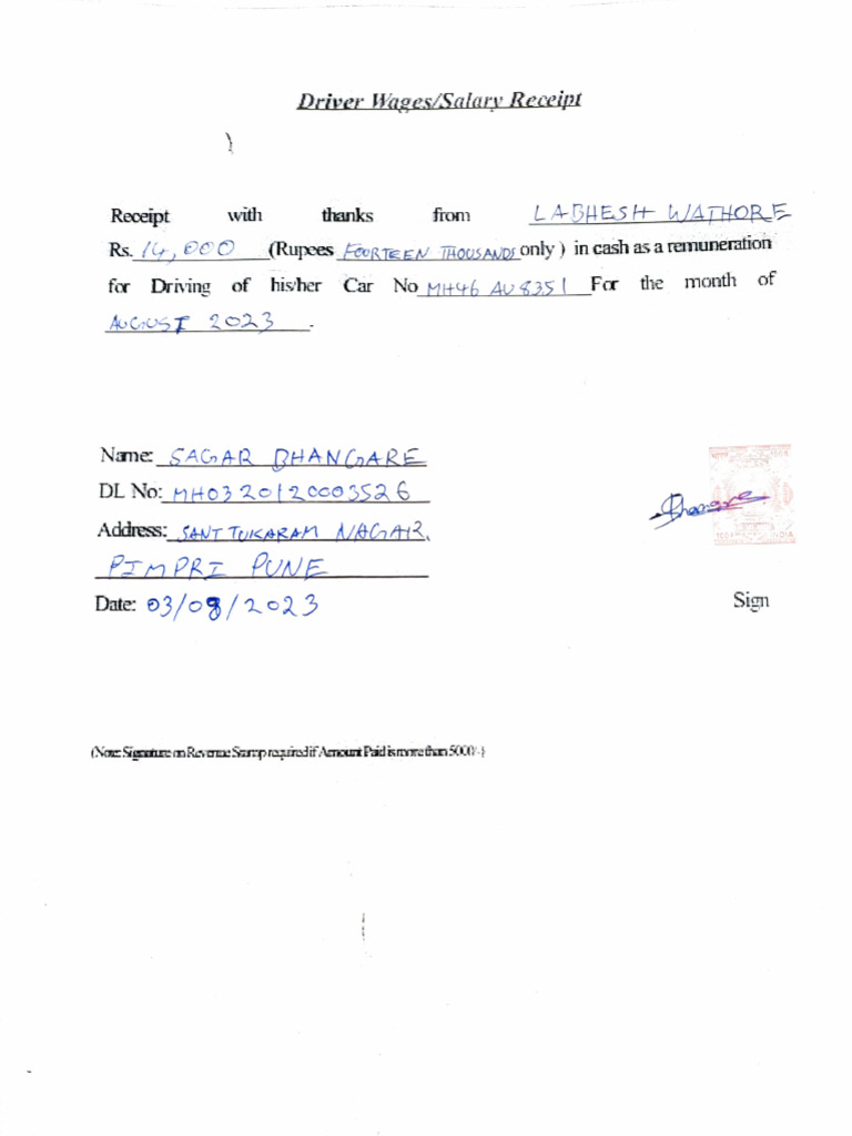 Driver Wages Receipt Sagar | PDF