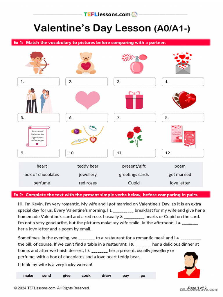 Valentine's ESL Lesson For A0-A1 | PDF