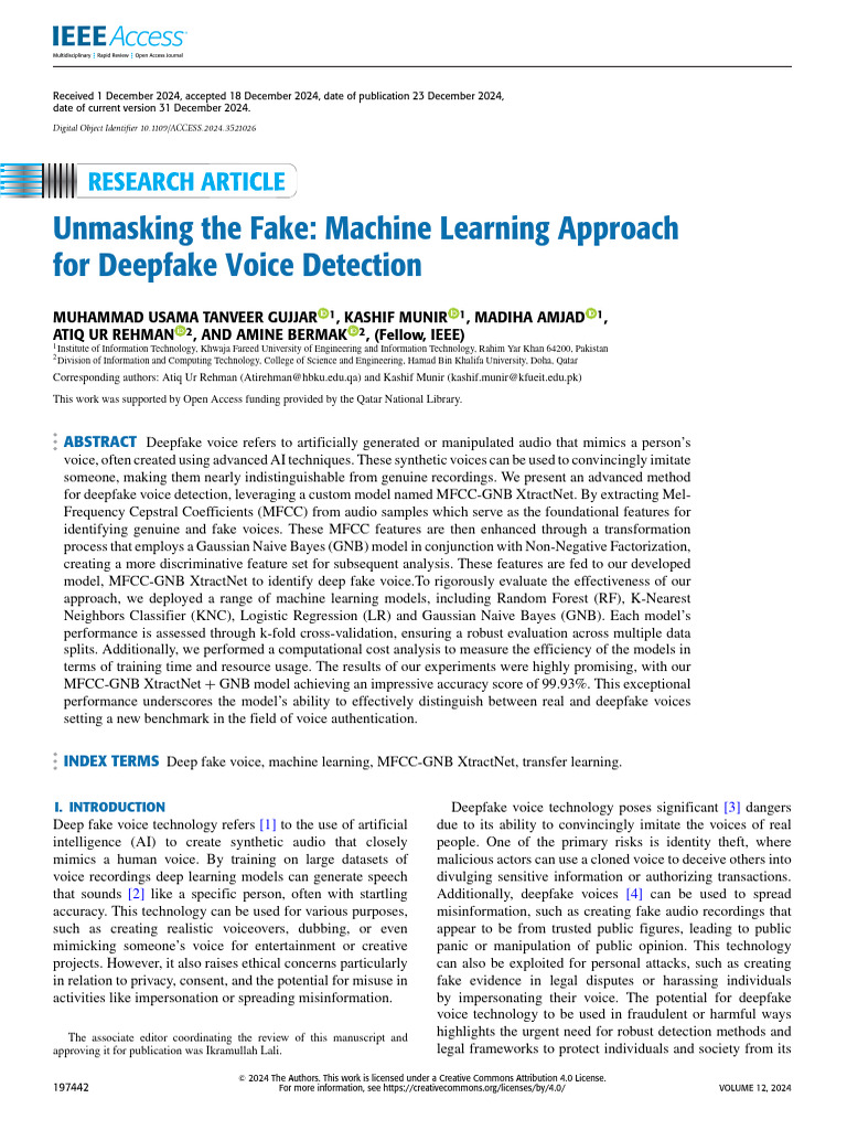 Unmasking The Fake Machine Learning Approach For Deepfake Voice Detection | PDF | Machine ...