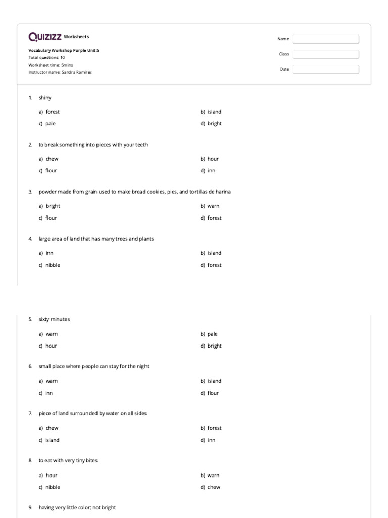 Vocabulary Workshop Purple Unit 5 - Quizizz | PDF