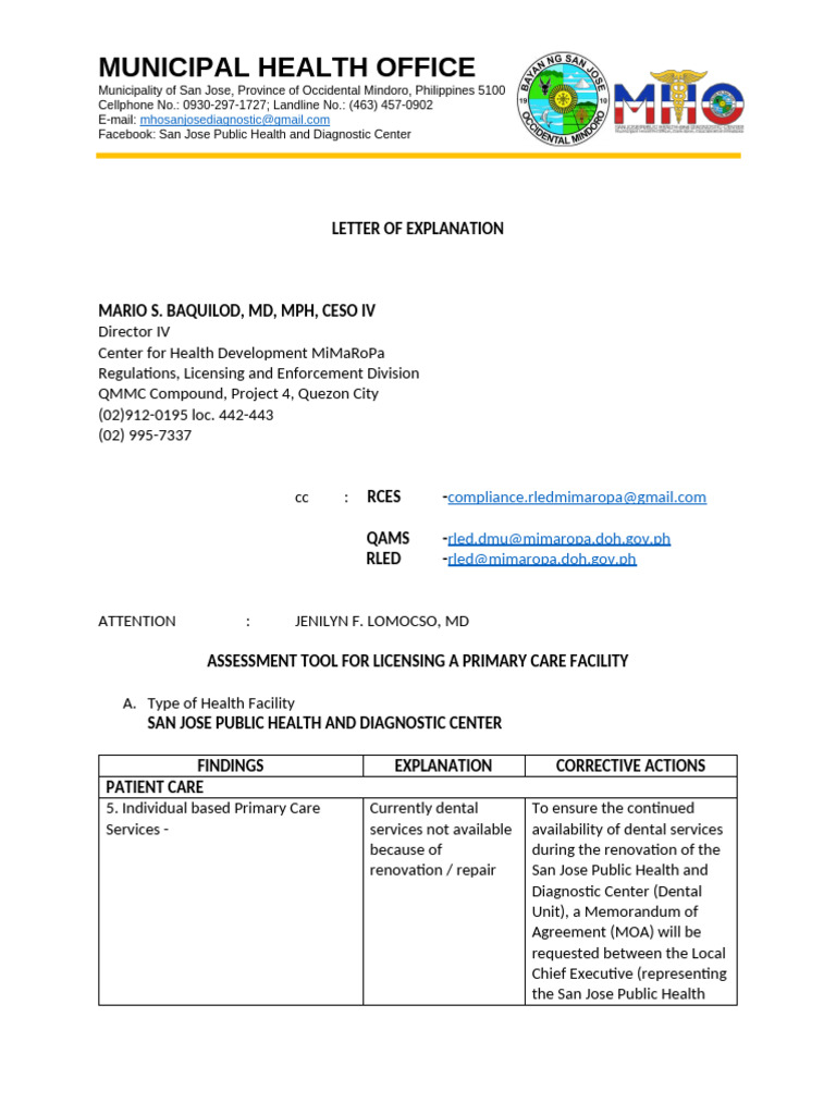San Jose Health Center Licensing Assessment | PDF | Medical Record ...
