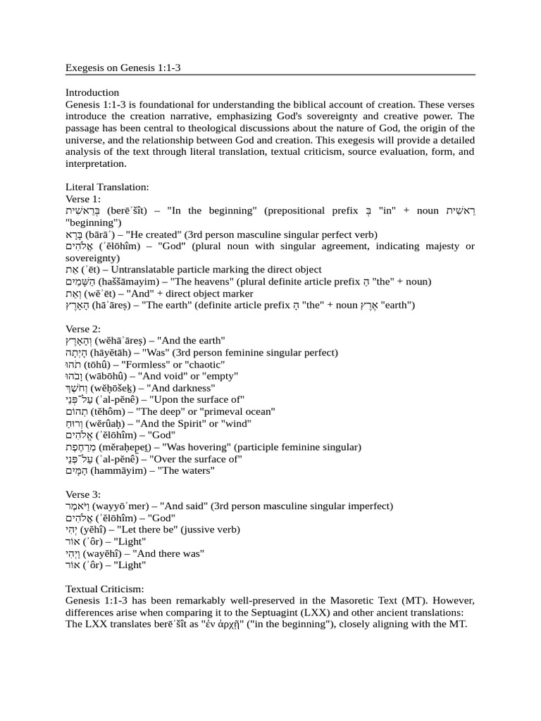 Exegesis of Genesis 1:1-3 Analysis | PDF | Genesis Creation Narrative ...
