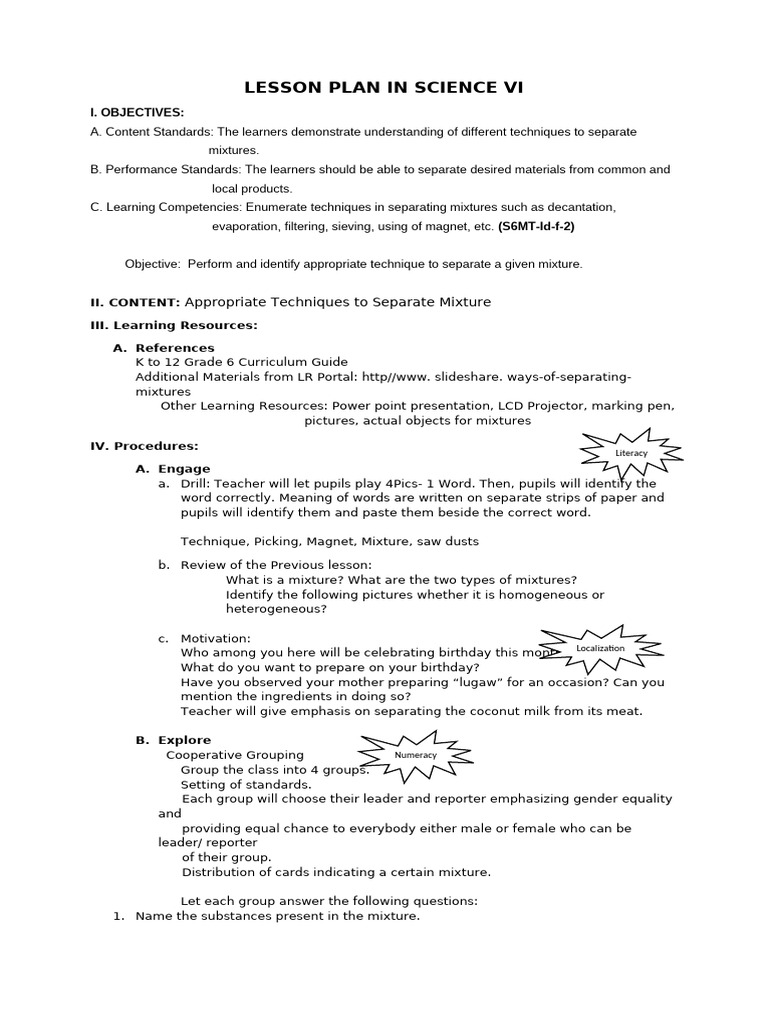 1st Classroom Observation Lesson Plan in Science6 | PDF | Mixture ...