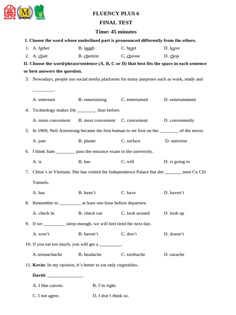 Final Test Fluency Plus 6 | PDF | Planets | Solar System