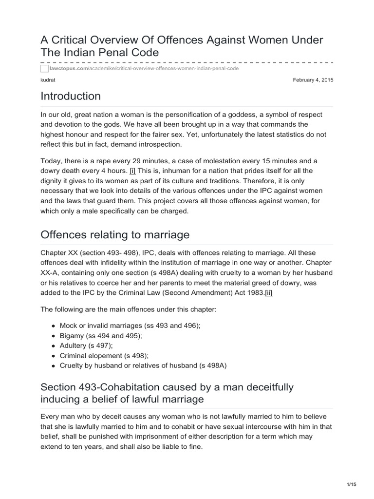 A Critical Overview of Offences Against Women Under The Indian Penal ...