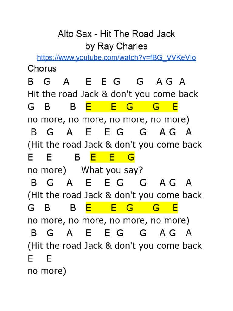 Alto Sax Arrangement: Hit The Road Jack | PDF | Songs | Song Forms