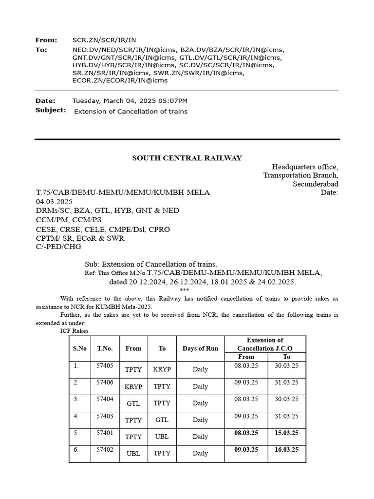 Extension of Cancellation of Trains | PDF | Railway Companies | Rail ...