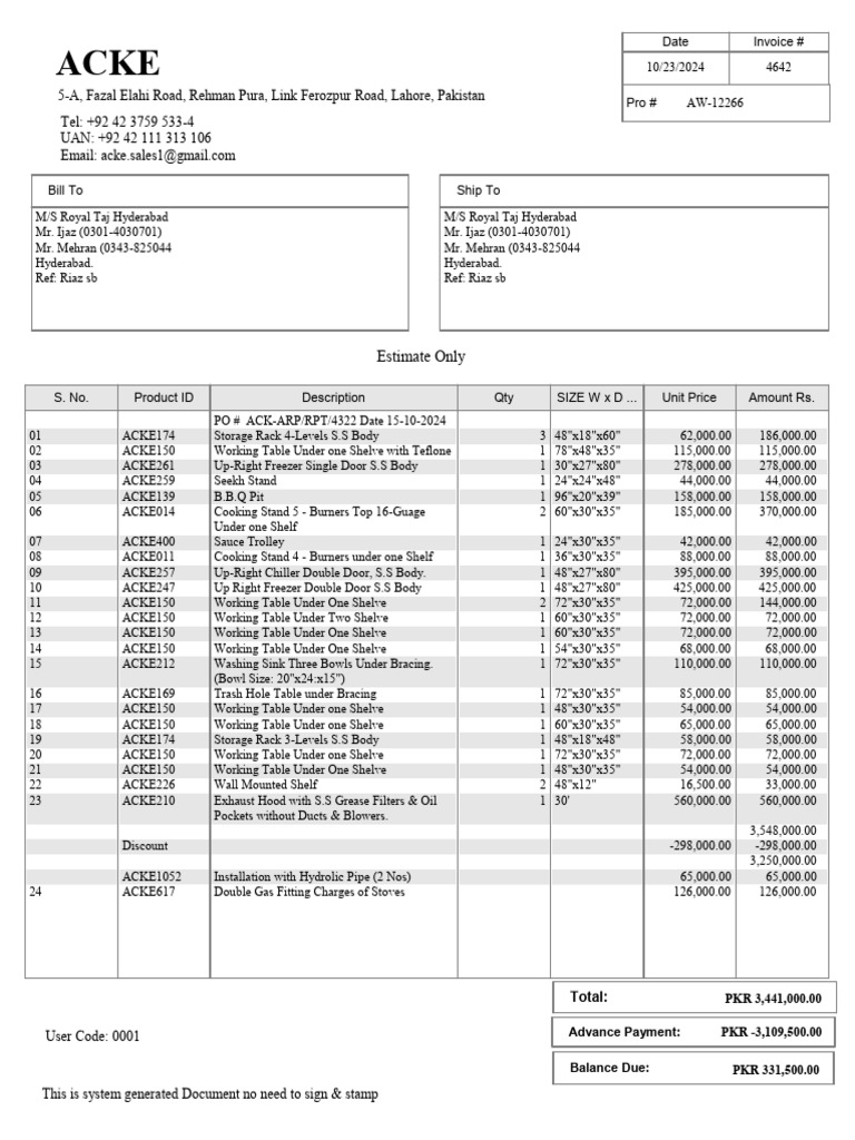 Invoice Royal Taj Hyderabad - Aw-12266.24!02!2025 | PDF | Kitchen