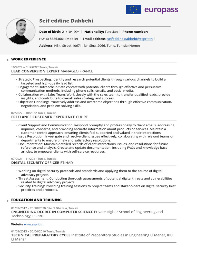 Seif Eddine Dabbebi Resume | PDF | Sales | Computing