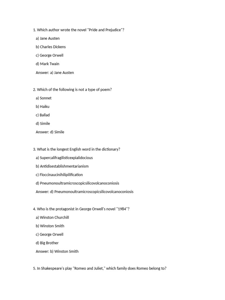 English Literature Quiz and Answers | PDF