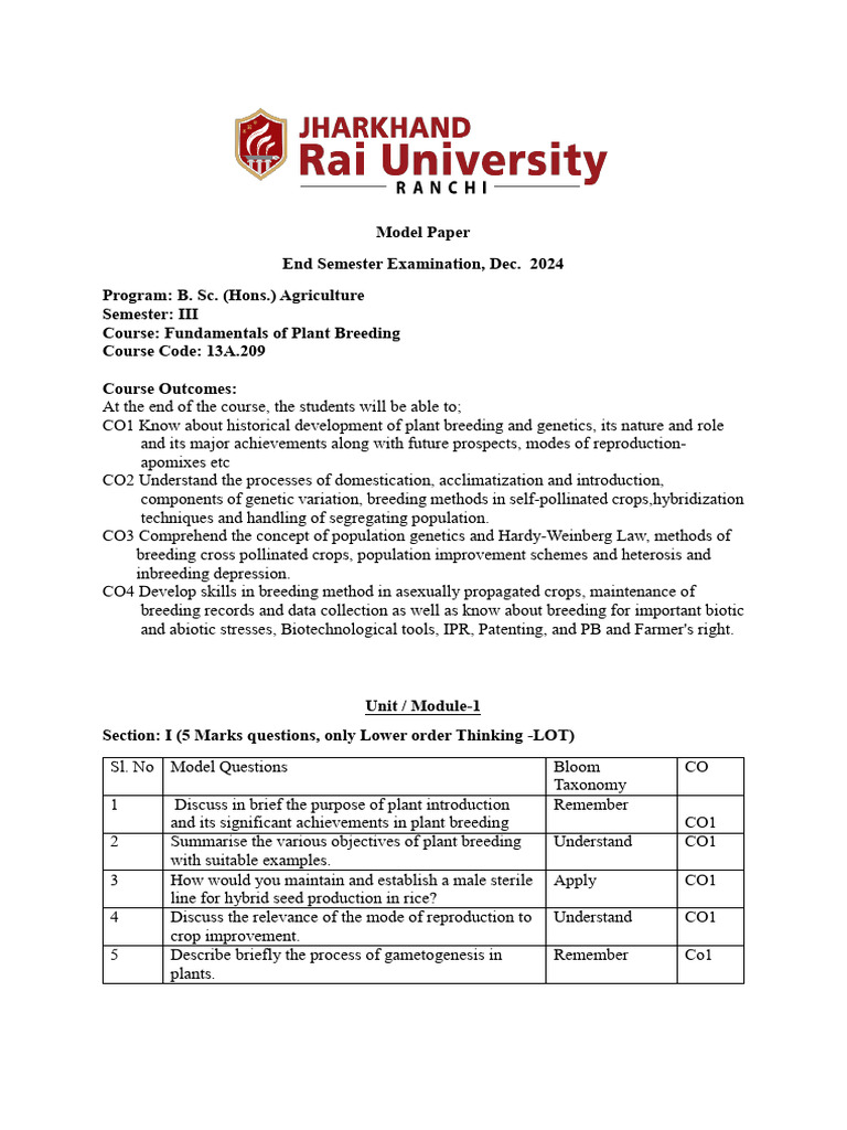 Model Paper: Plant Breeding Exam 2024 | PDF | Plant Breeding | Hybrid ...