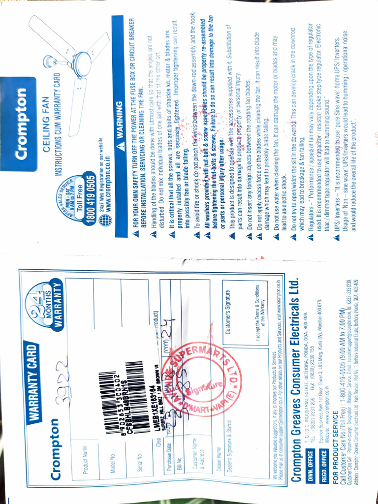 Crompton Ceiling Fans Warrenty Card | PDF | Manufactured Goods | Equipment