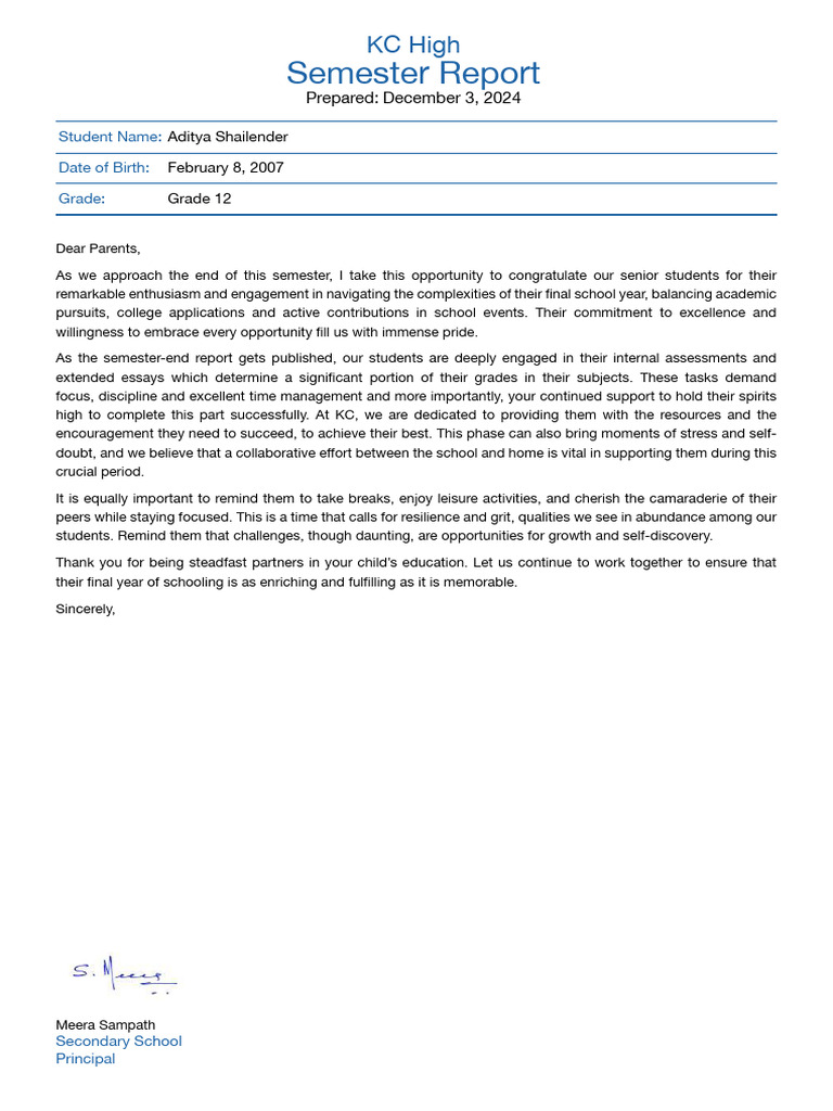 KC High Grade 12 Semester Report | PDF | Creativity | Thought