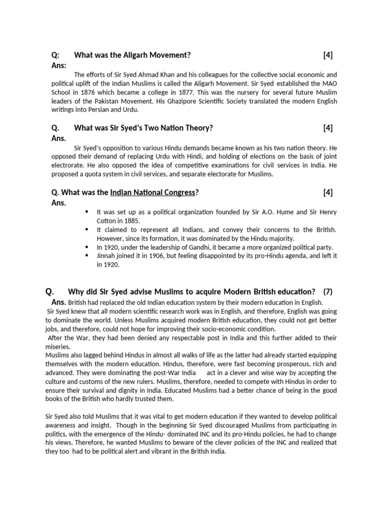 Aligarh Movement and Sir Syed Ahmad Khan | PDF | Two Nation Theory | South Asia
