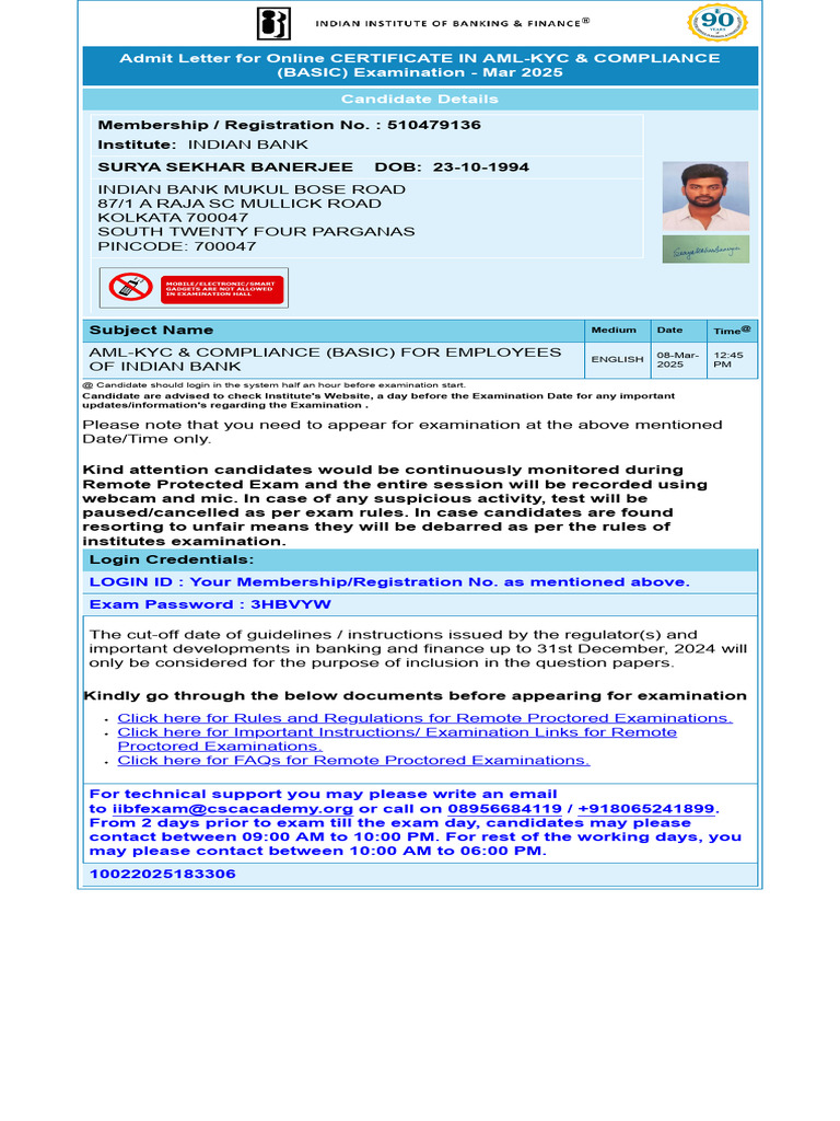 AML-KYC Compliance Exam Admit Letter | PDF