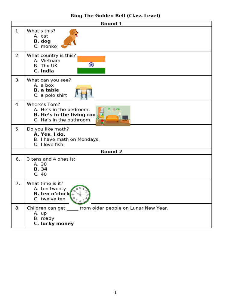 Golden Bell Quiz: Class Level Questions | PDF