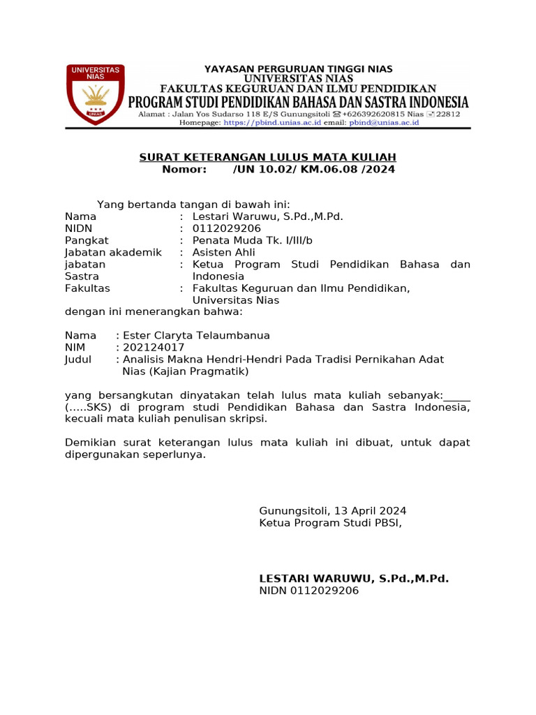 Surat Keterangan Lulus Mata Kuliah PBSI | PDF