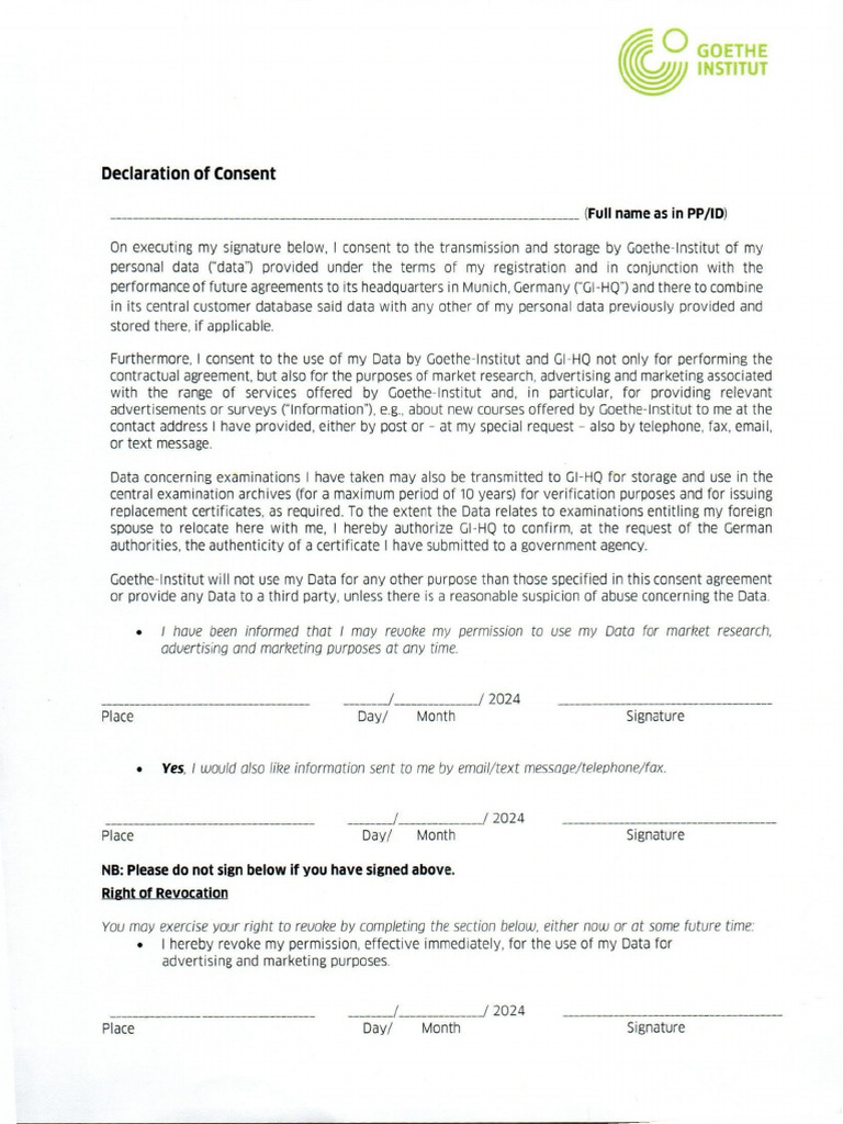 Declaration of Consent 2024 | PDF