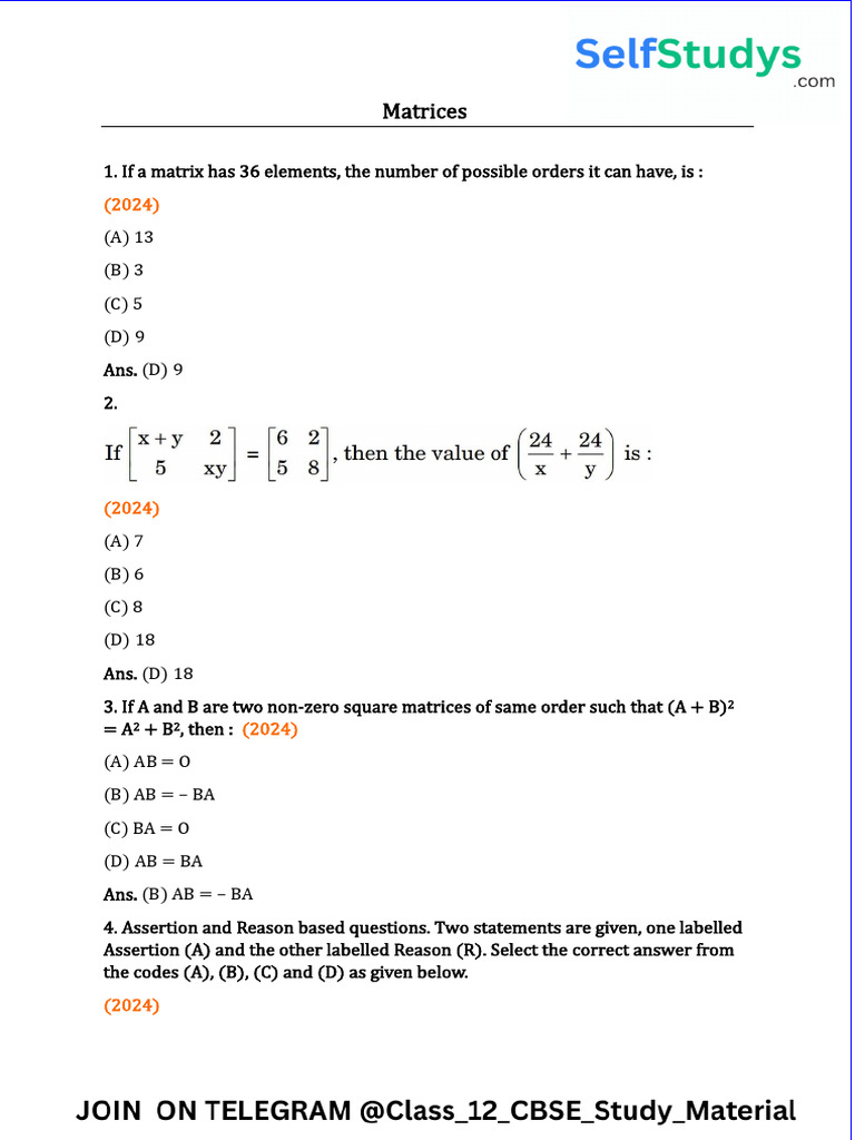 Matrices 12 Pyq | PDF