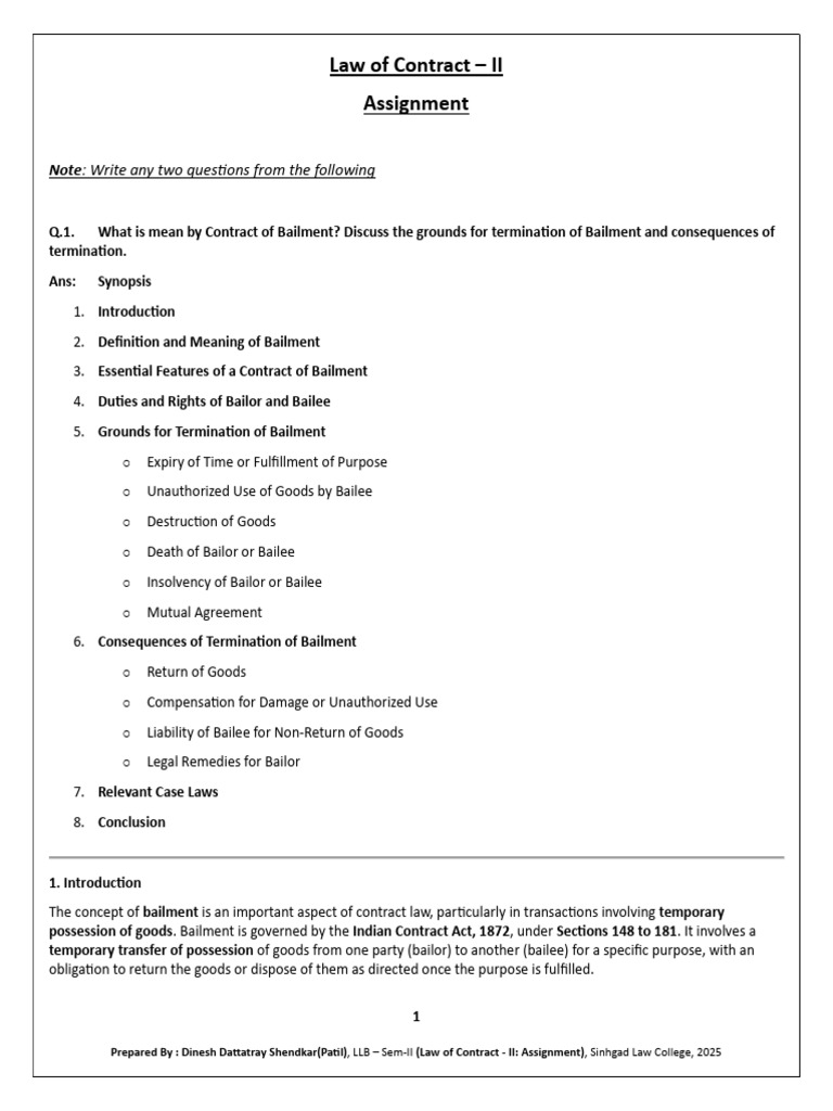 Law of Contract - II (Assignment Q&A) | PDF | Law Of Agency | Sales