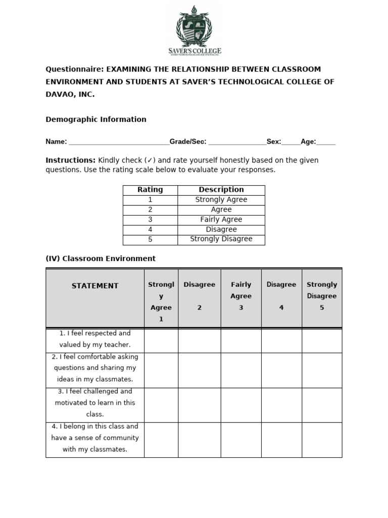 Classroom Environment & Student Motivation Survey | PDF | Teachers ...